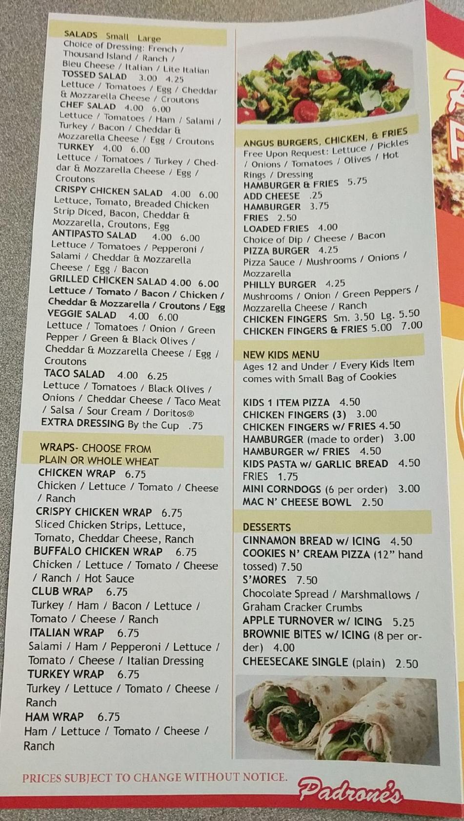 Menu at Padrone's Pizza Shawnee pizzeria, Lima, S Dixie Hwy