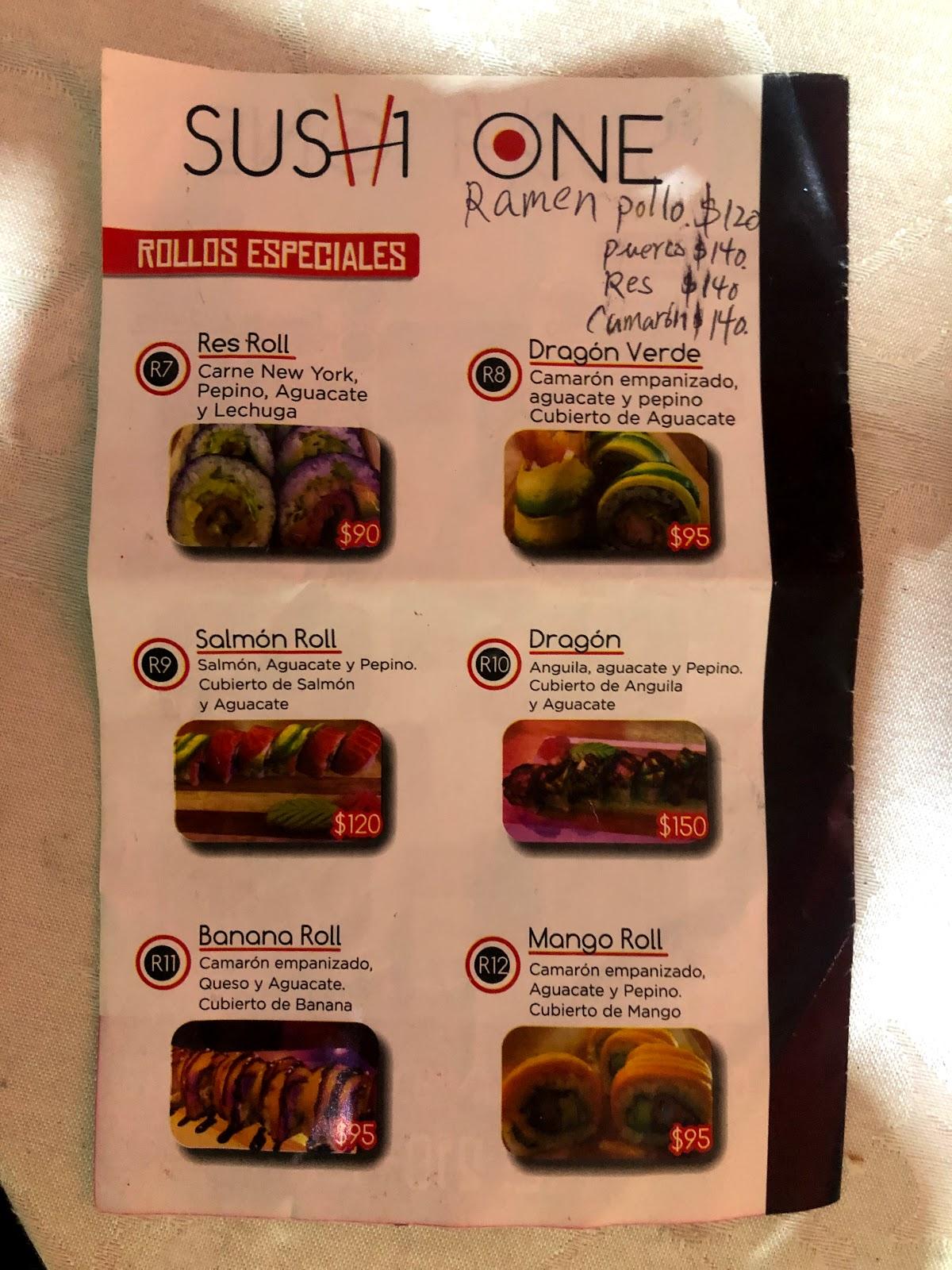 Carta del restaurante Sushi One, Tijuana