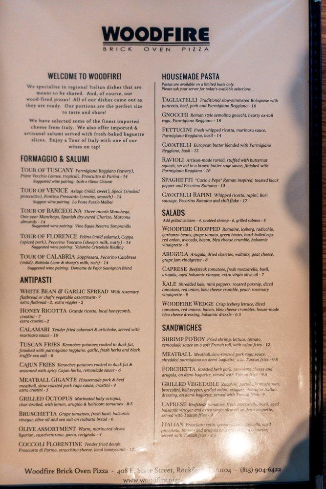 Menu at Woodfire Rockford pizzeria, Rockford