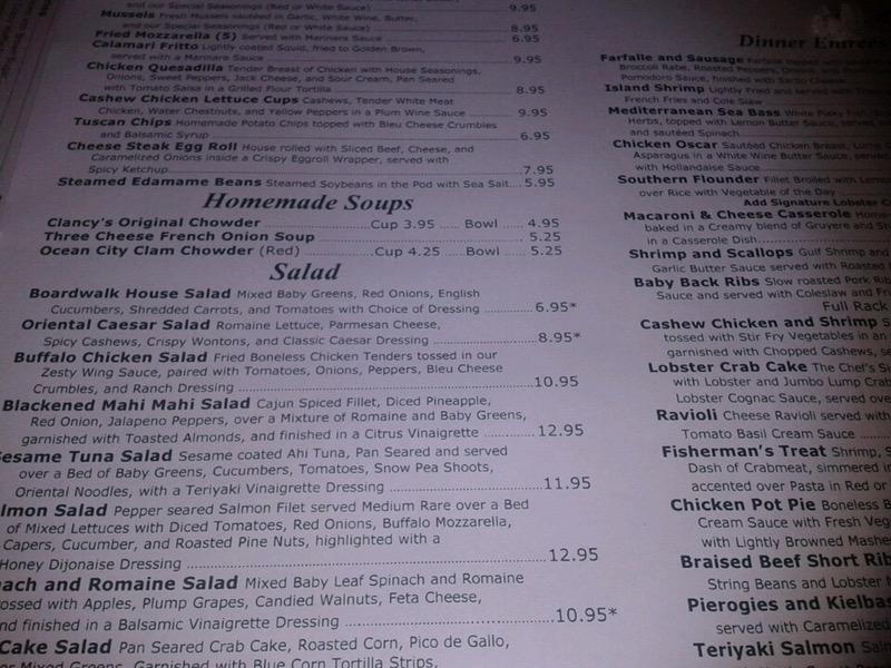 Menu at Clancy's by the Sea restaurant, Ocean City