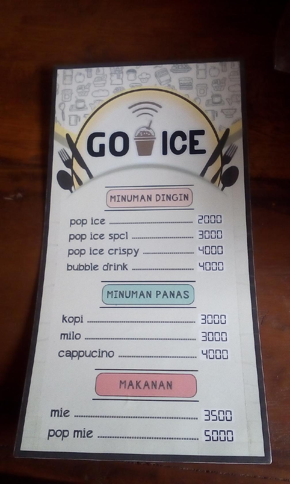Menu at Go Ice, Gondowangi