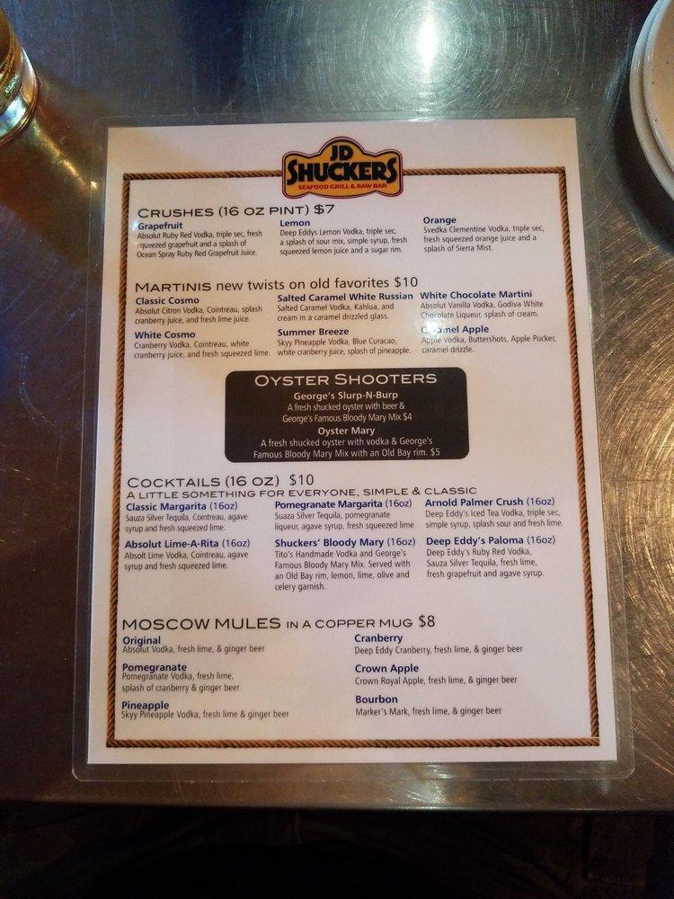 Menu at J D Shuckers restaurant, USA