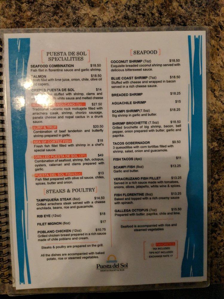 Menu at Puesta Del Sol restaurant, Puerto Peñasco, P.º Balboa 100