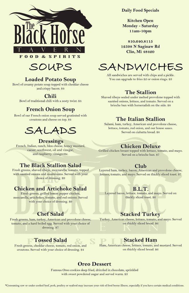 Menu at The Black Horse Tavern pub & bar, Clio
