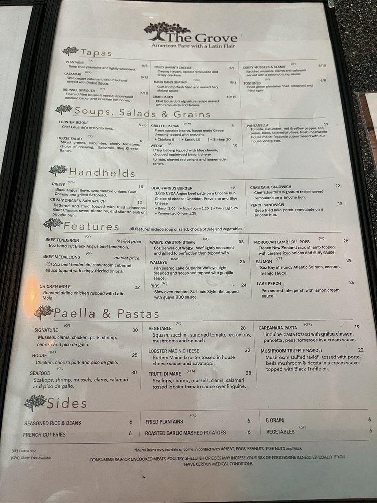 Menu at The Grove Restaurant, Union Pier