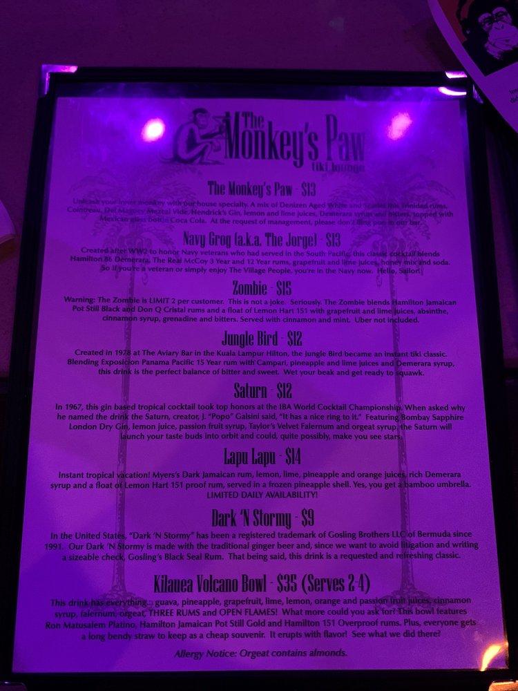 Carta del pub y bar The Monkey's Paw Tiki Lounge, Macon