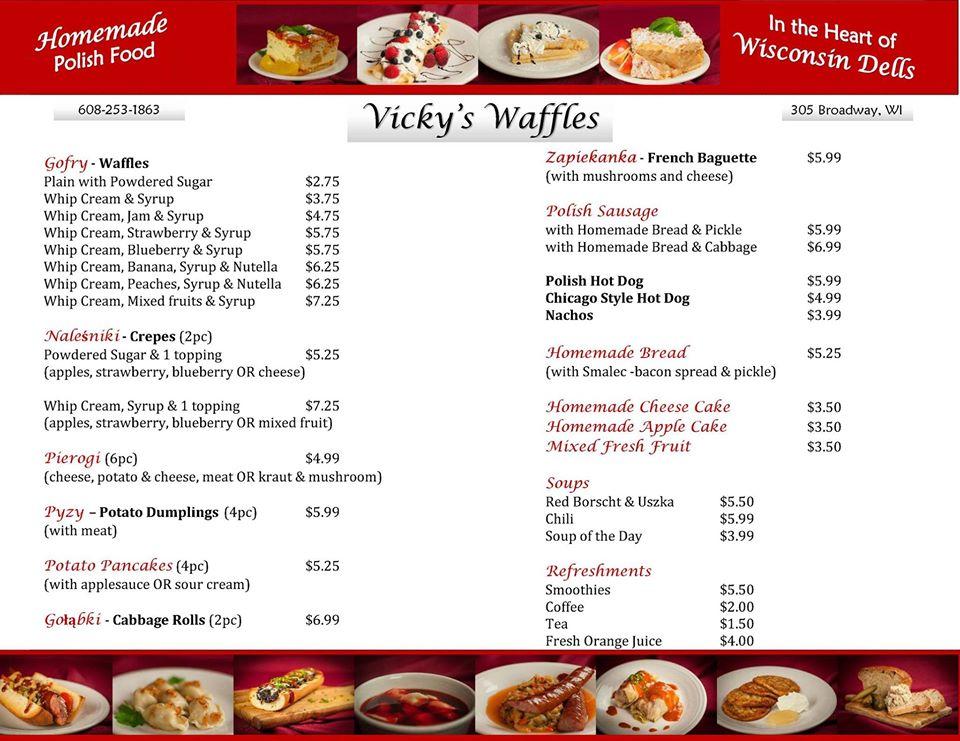 Menu at Vicky's Waffles restaurant, Wisconsin Dells