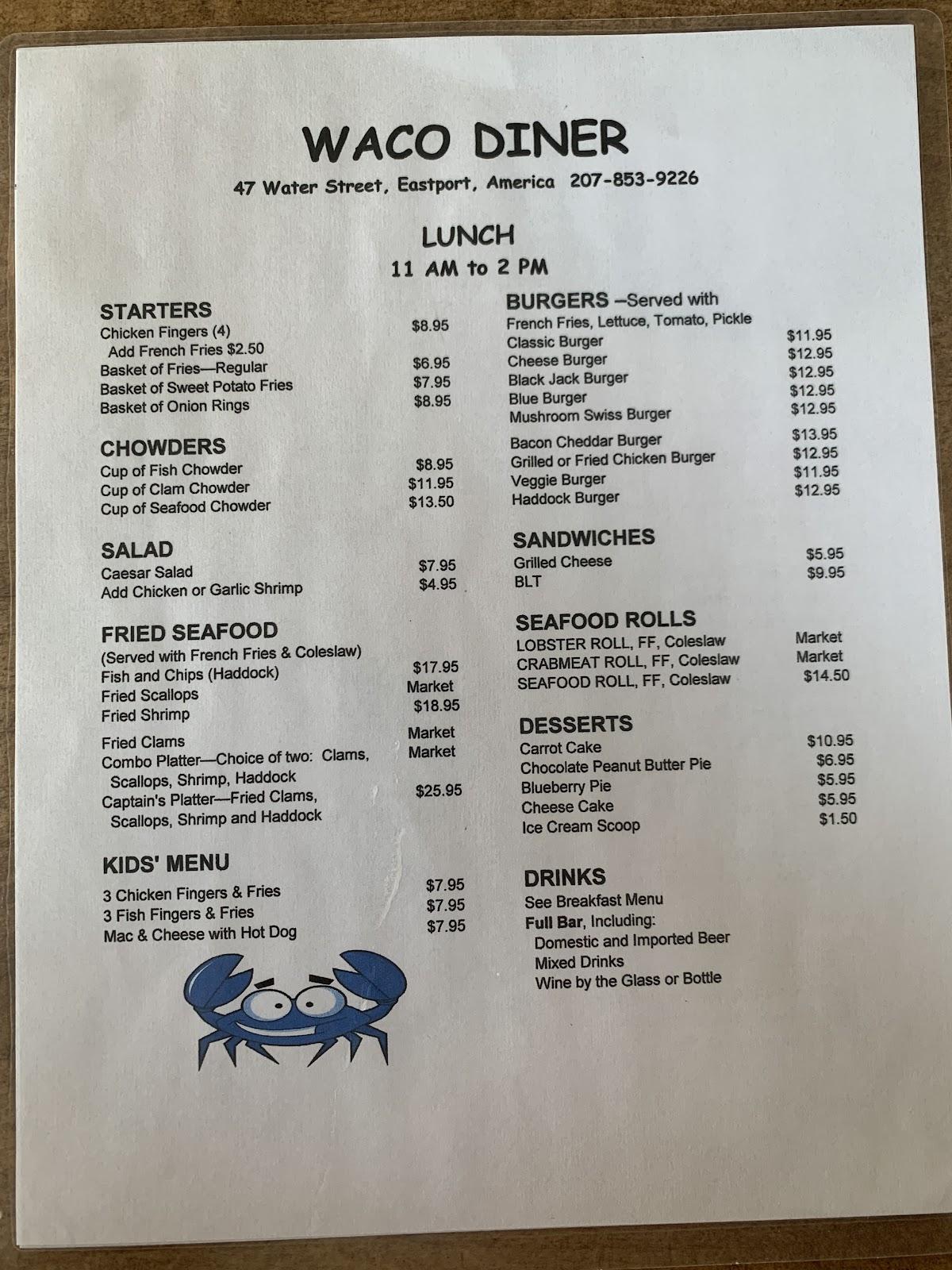 Menu at WaCo Diner restaurant, Eastport