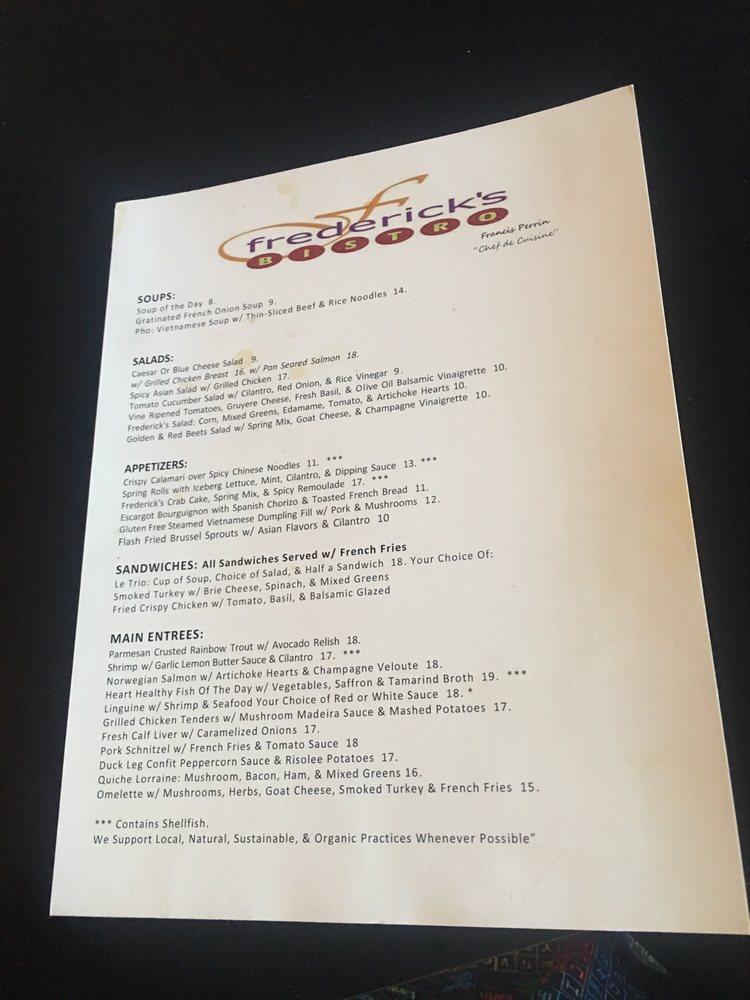 Menu at Frederick's Bistro restaurant, San Antonio