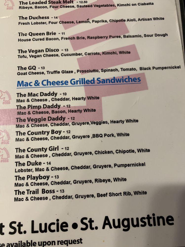 Menu at Grilled Cheese Gallery restaurant, St. Augustine