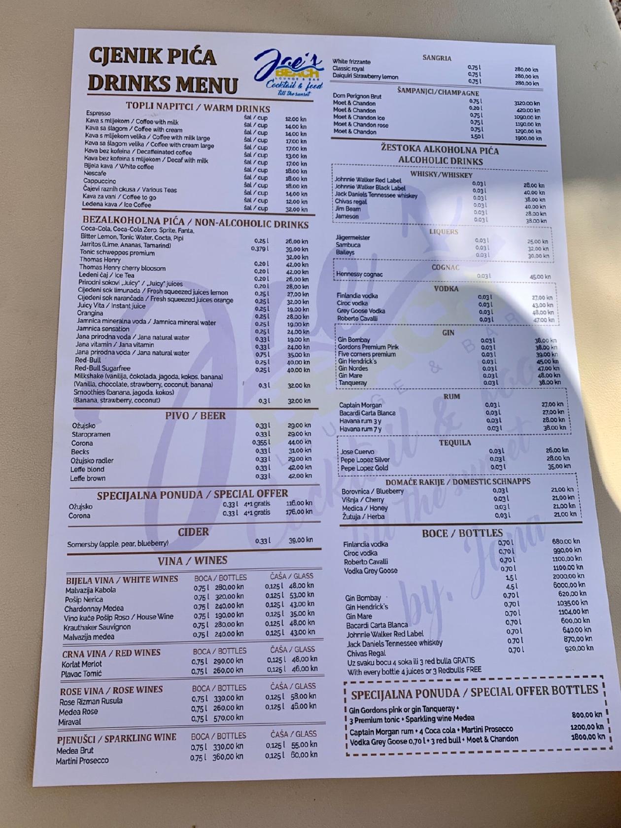 Menu at Joe's Beach Lounge & Bar, Split