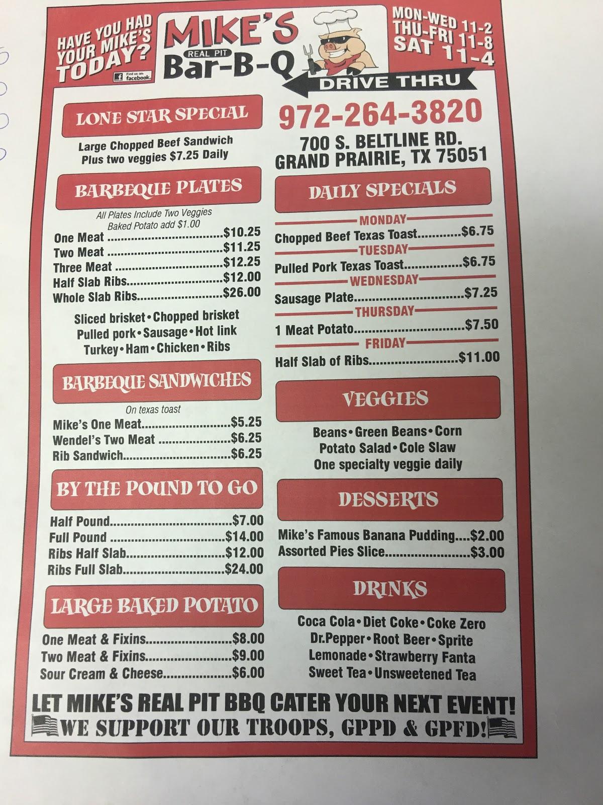 Menu at Mike's Real Pit Bar-B-Que, Grand Prairie