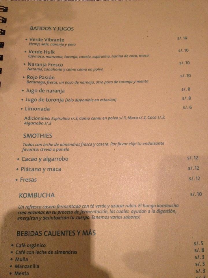 Menu at Raw Café, Miraflores, C. Independencia 596