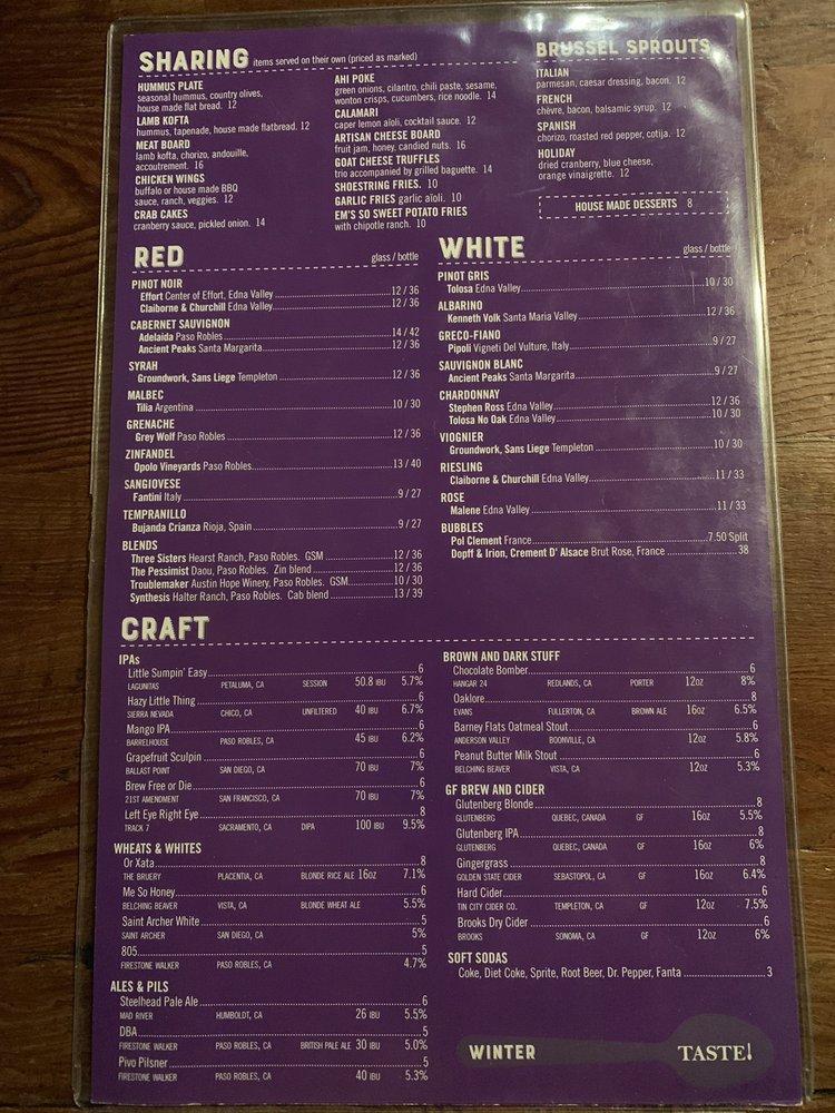 Menu at TASTE! craft eatery restaurant, San Luis Obispo