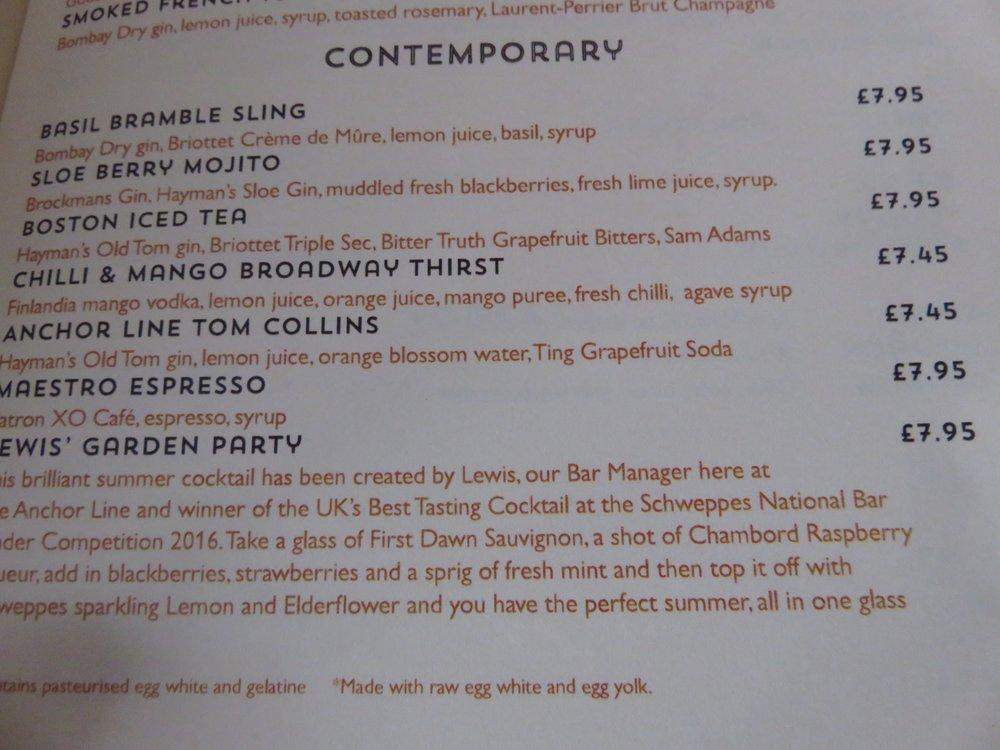 Menu at The Anchor Line steakhouse, Glasgow