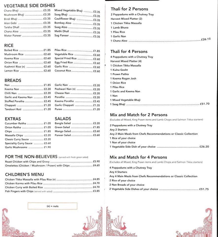 Menu at The Indian Harvest restaurant, Rawtenstall, 612 Burnley Rd