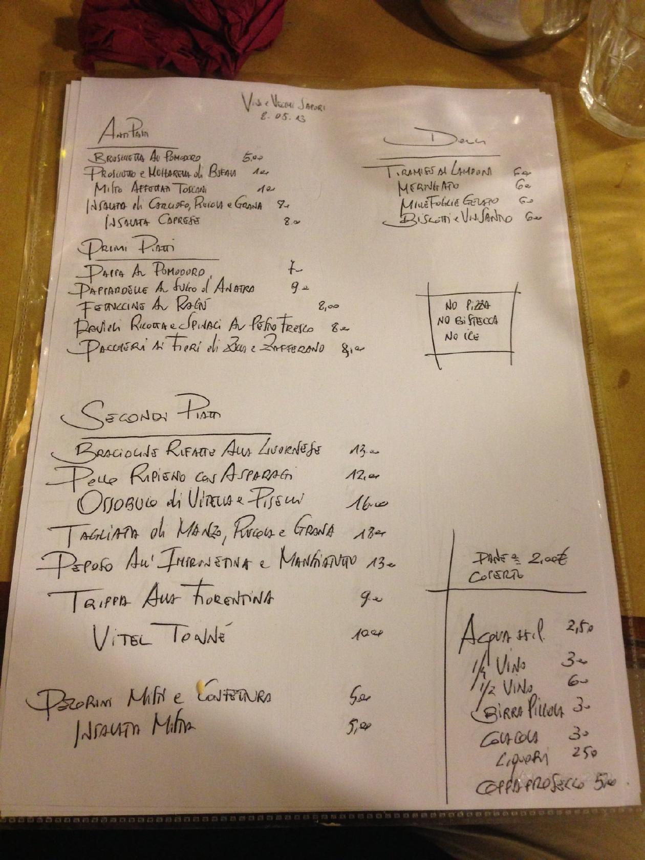Menu at Vini e Vecchi Sapori pub & bar, Florence