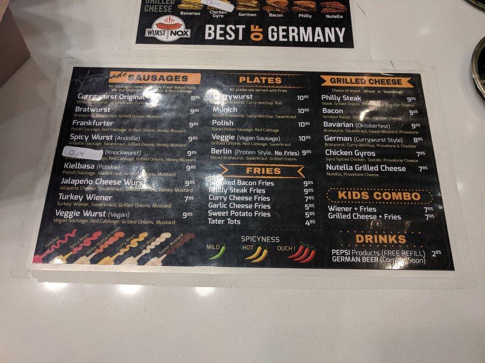 Menu at Wurst Nox restaurant, San Diego