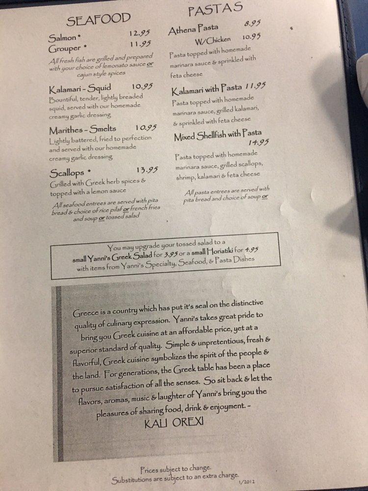 Menu at Yanni's Greek Restaurant, Columbus