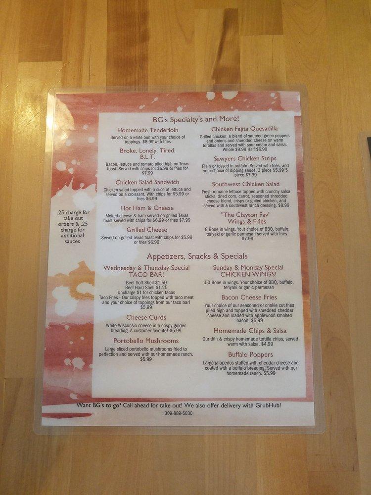 Menu at BG's Cafe, Bay View Gardens
