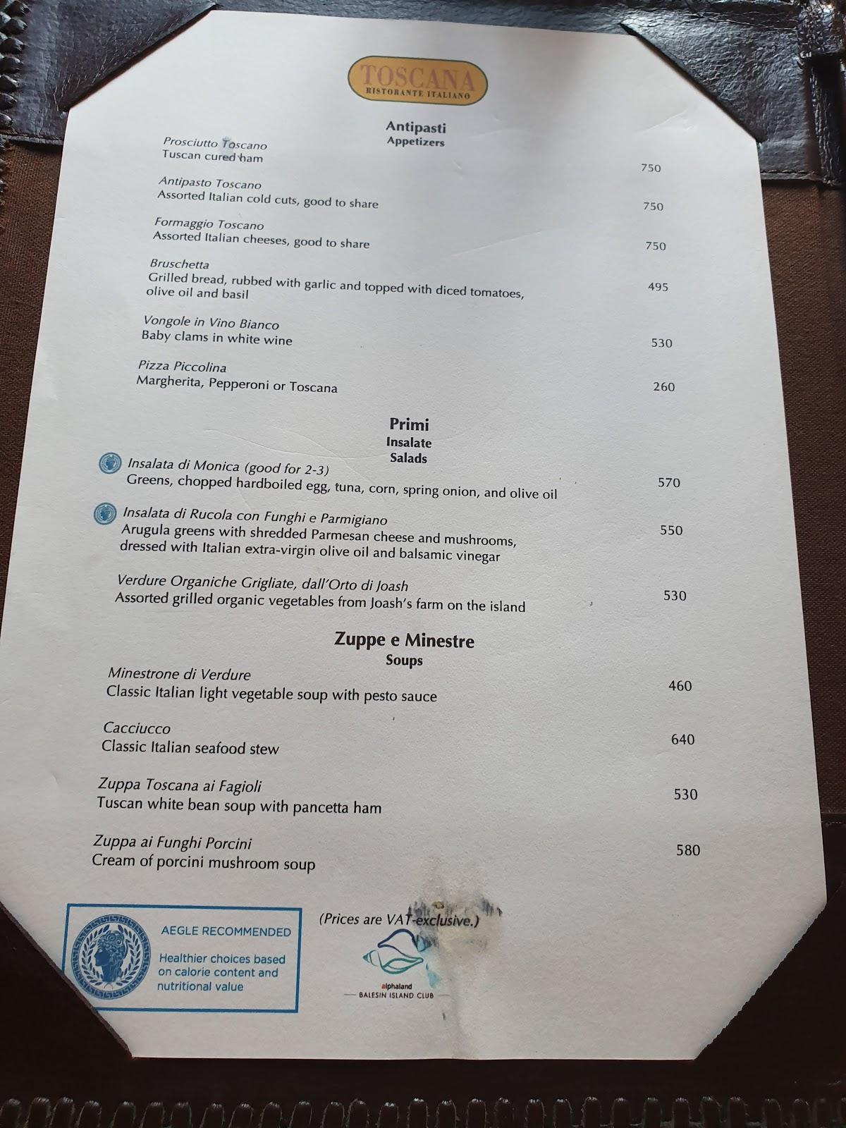 Carta de Balesin Clubhouse Main Dining Hall, Polillo