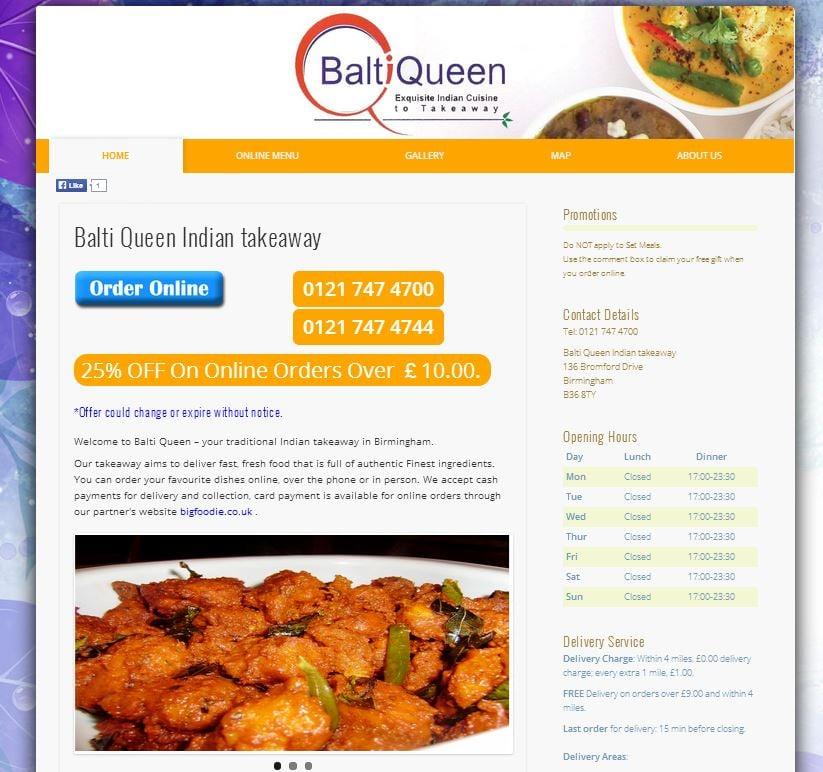 Menu at Balti Queen fast food, Birmingham, 136 Bromford Dr