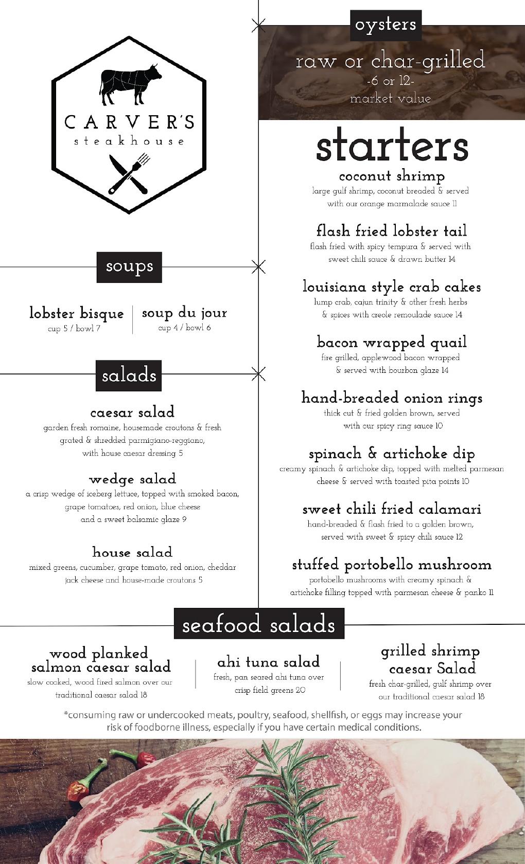 Menu at Carver's steakhouse, Orange Beach