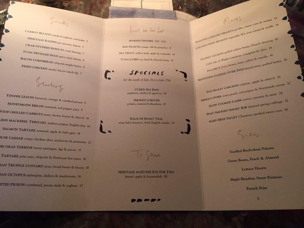 Menu at Chiltern Firehouse restaurant, London