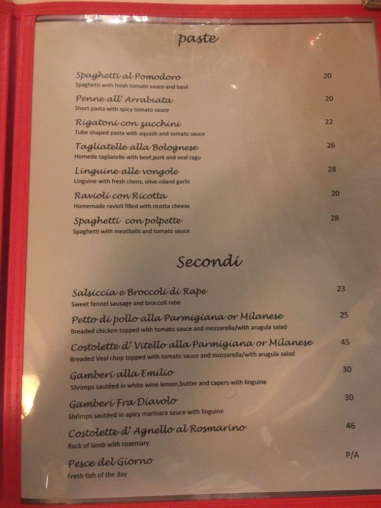Menu at Emilio's Ballato restaurant, New York City