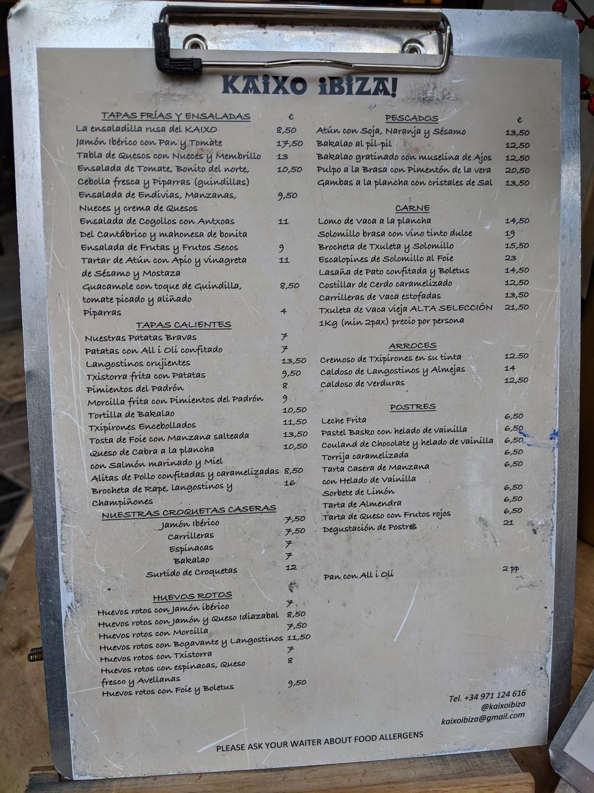 Carta del restaurante Kaixo Ibiza!, Ibiza, Carrer d'Antoni Jaume