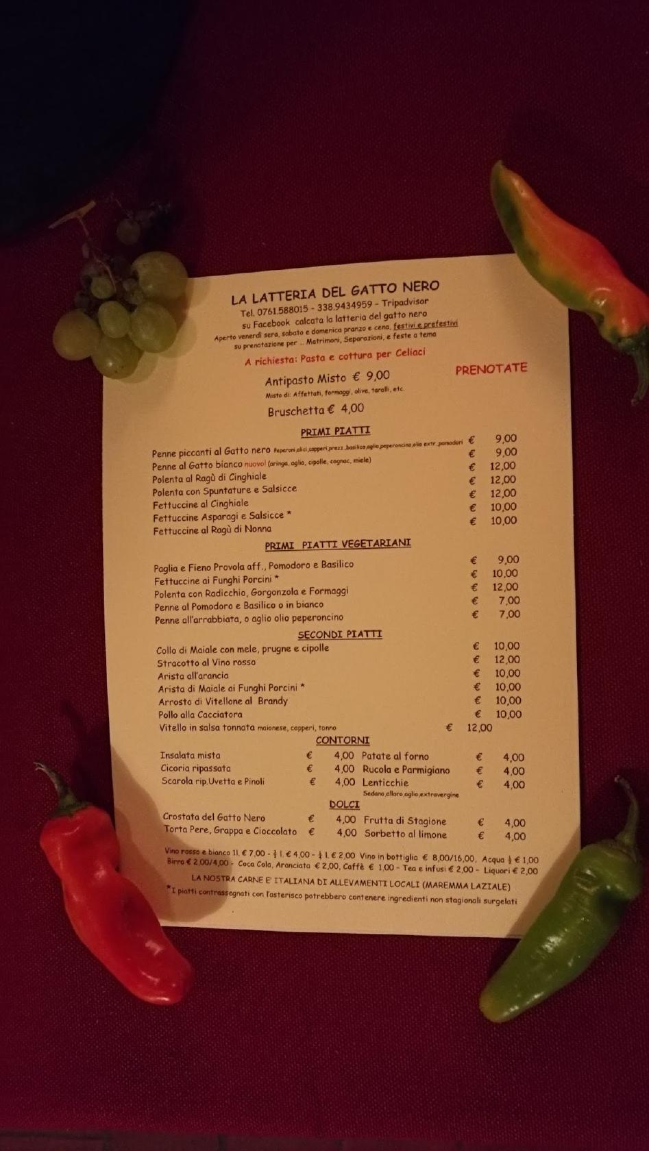 Menu da La Latteria del Gatto Nero ristorante, Calcata Nuova
