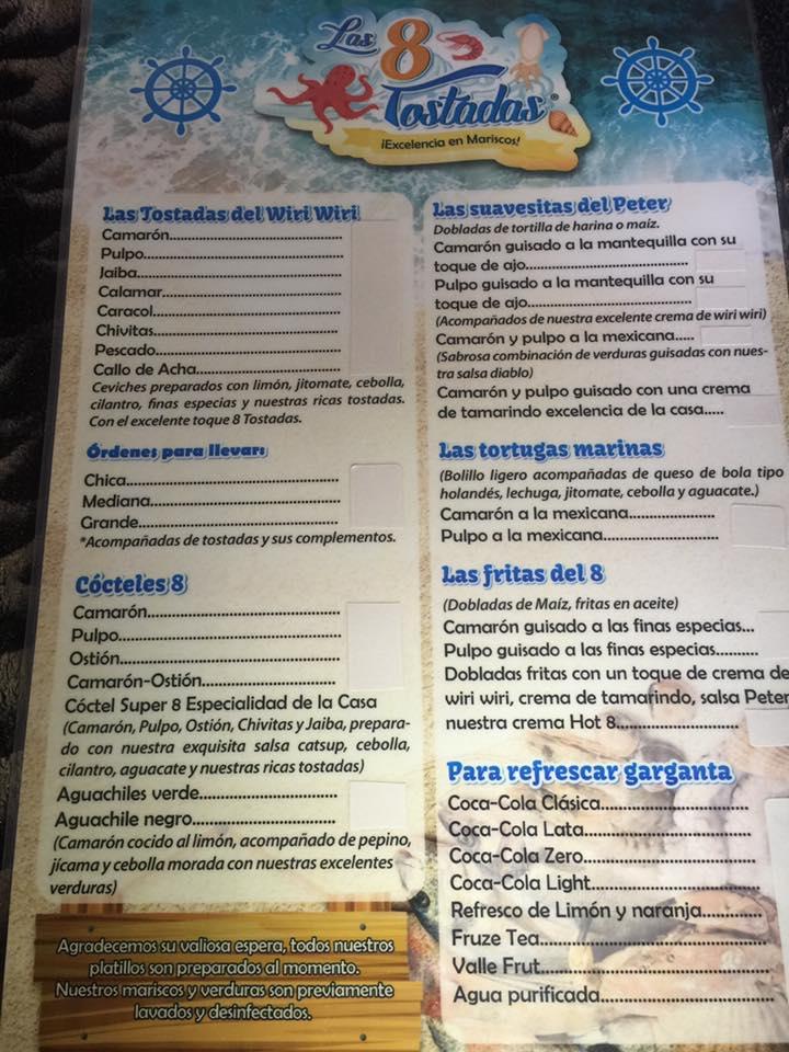 Menu at Las 8 Tostadas Excelencia en Mariscos, Merida