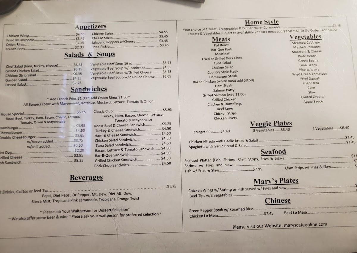 Menu at Mary's Cafe, Rock Hill