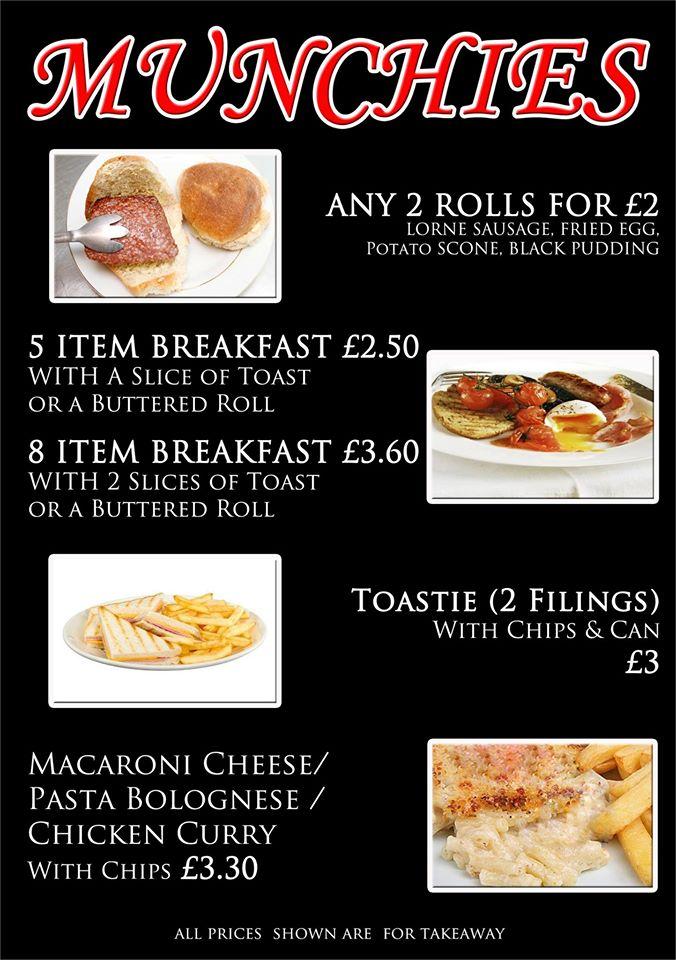 Menu at Munchies Cafe Sword Street, Glasgow