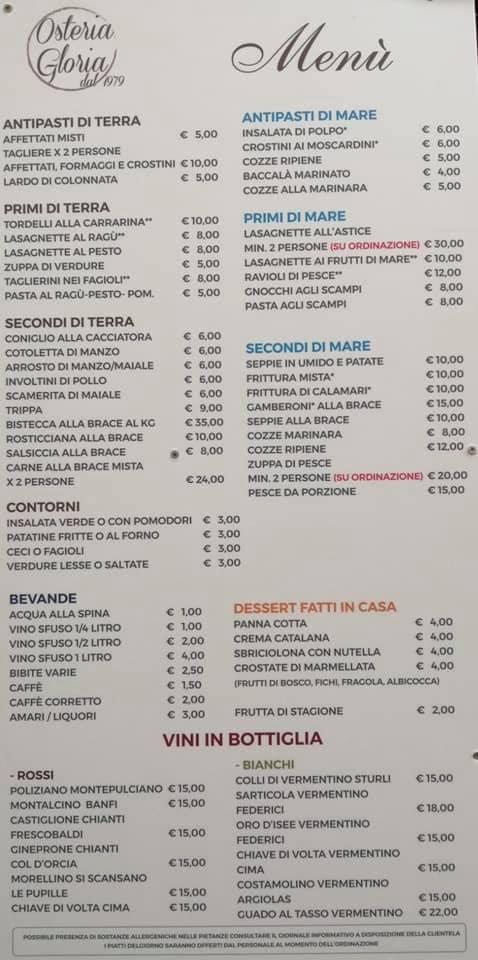Menu at Osteria Gloria restaurant, Carrara