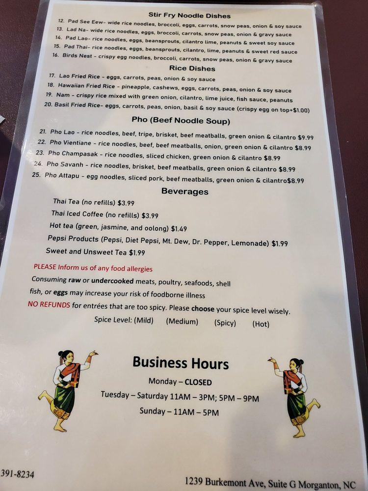 Menu at Pho Lao restaurant, Morganton