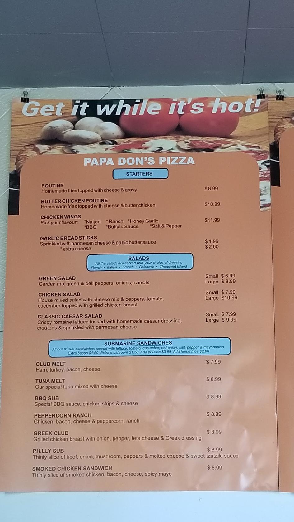Menu at Papa Don's restaurant, Pouce Coupe