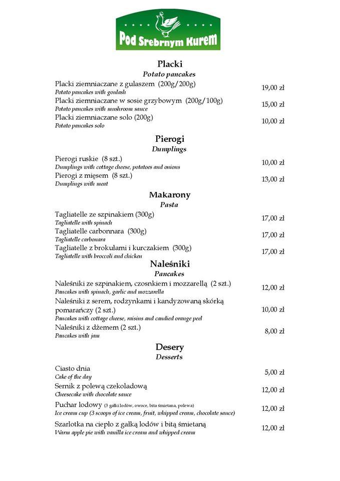 Menu at Pod Srebrnym Kurem restaurant, Kraków