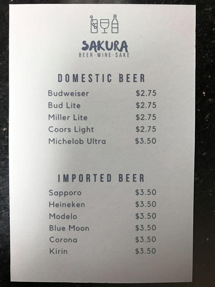Menu at Sakura Japanese restaurant, Waynesboro