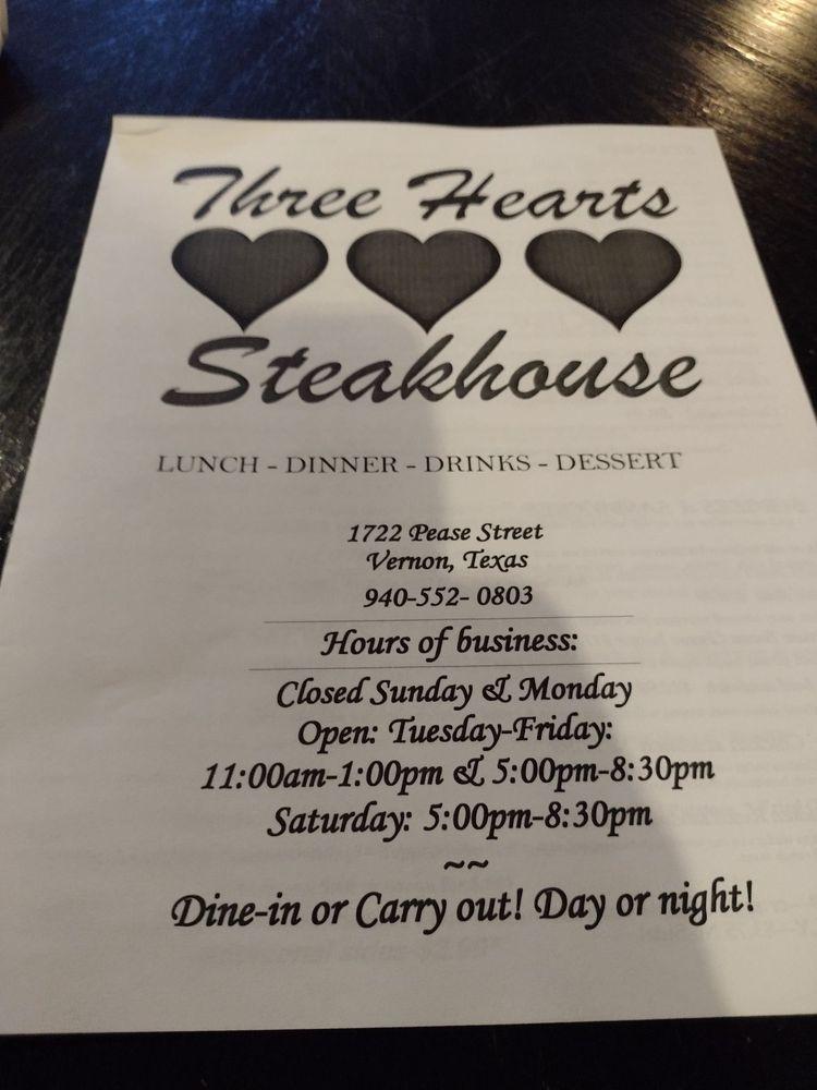 Menu at Three Hearts Steakhouse, Vernon