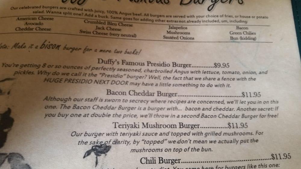 Menu at Duffy's Tavern & Family Restaurant, Monterey