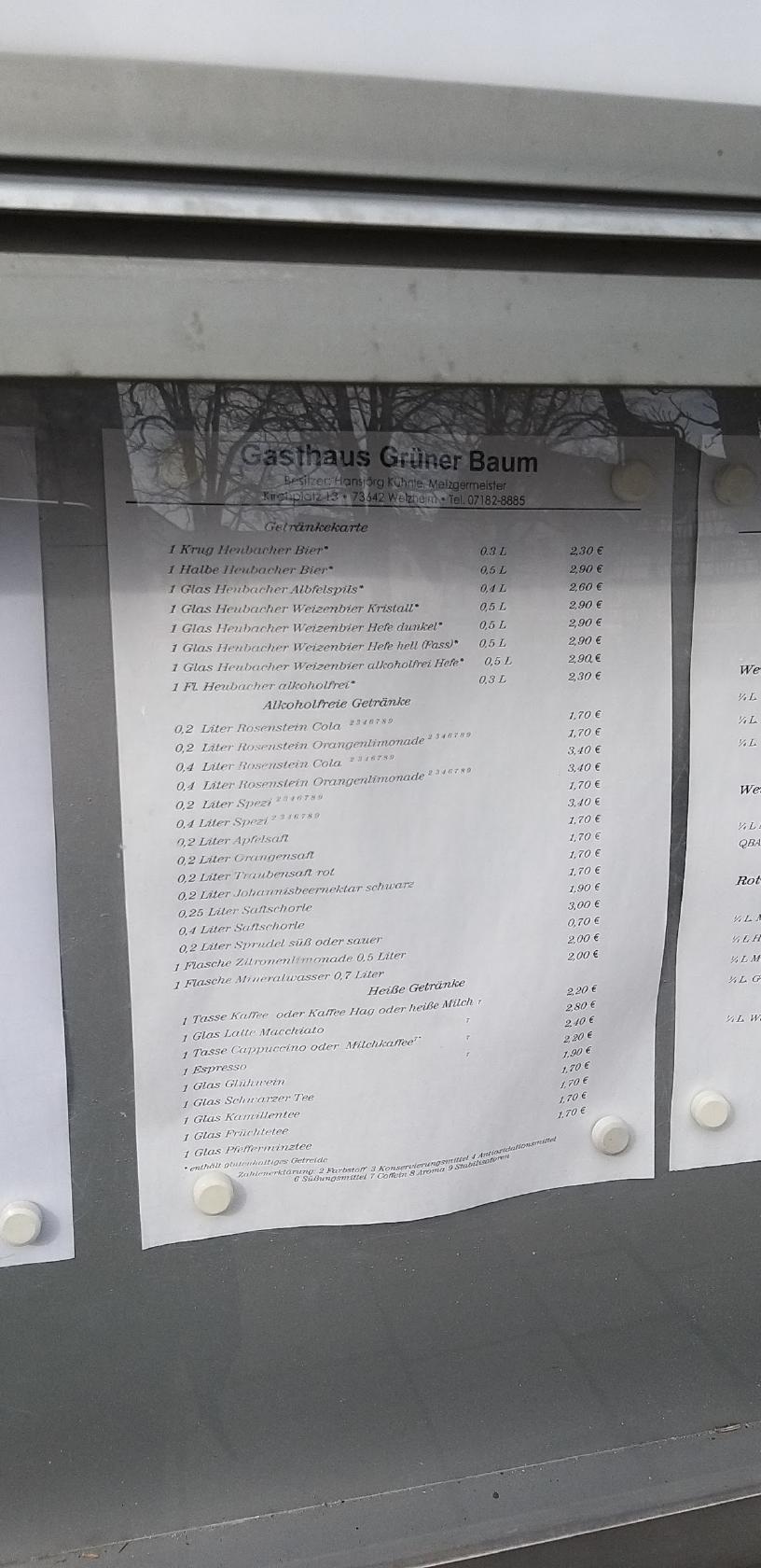 Menu at Zum Grünen Baum restaurant, Welzheim
