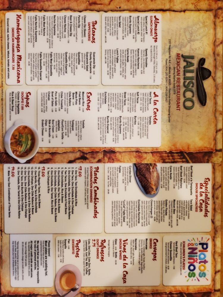 Menu at Jalisco Restaurant, Atlanta, Peachtree St NE