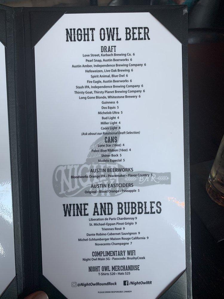 Menu At Night Owl Bar Round Rock Round Rock