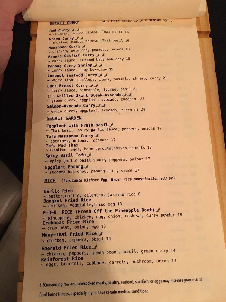 Menu at Nittaya's Secret Kitchen restaurant, Las Vegas