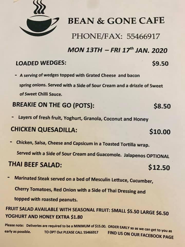 Menu at Bean & Gone Cafe, Ormeau