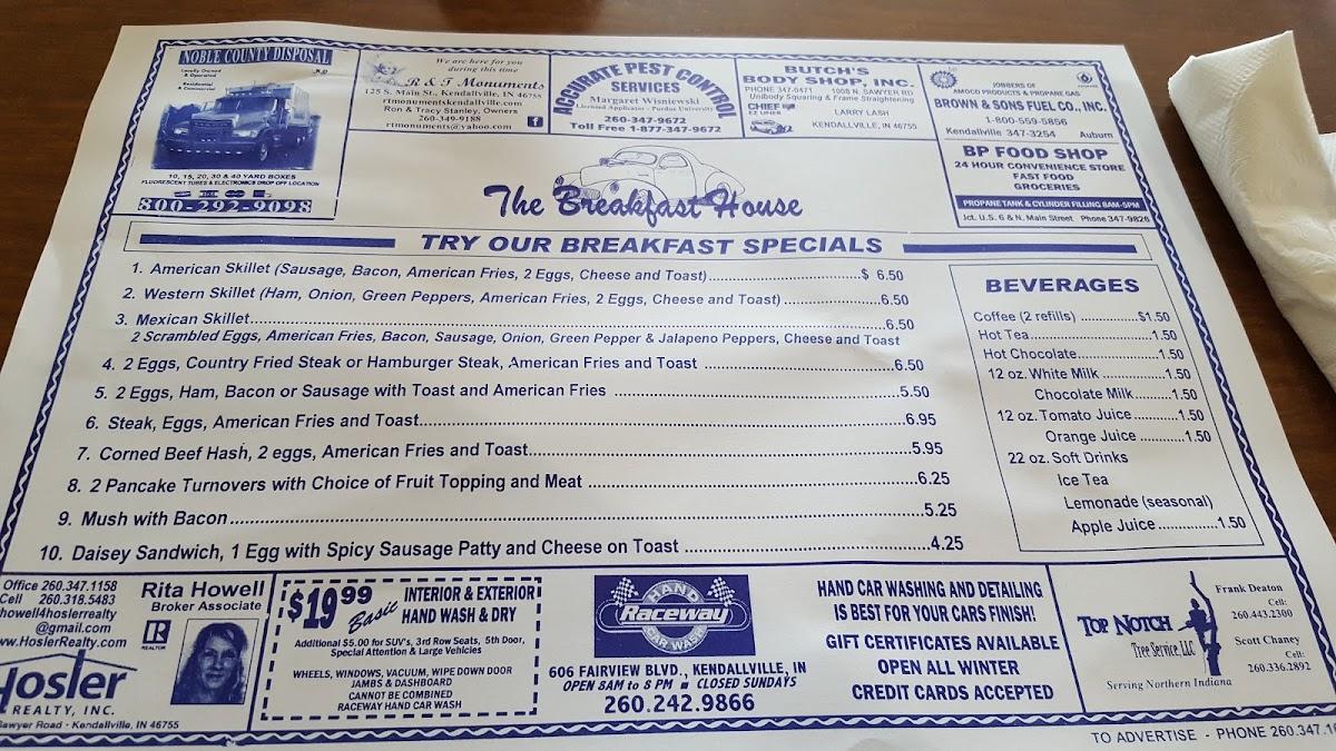 Menu at Breakfast House restaurant, Kendallville