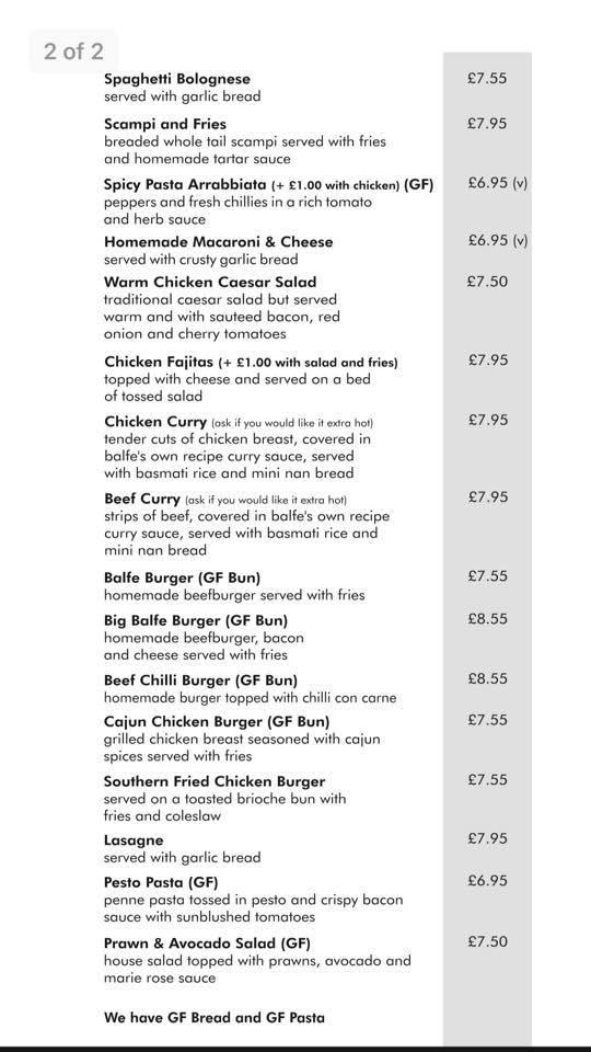 Menu at Cafe Balfe, Greenock