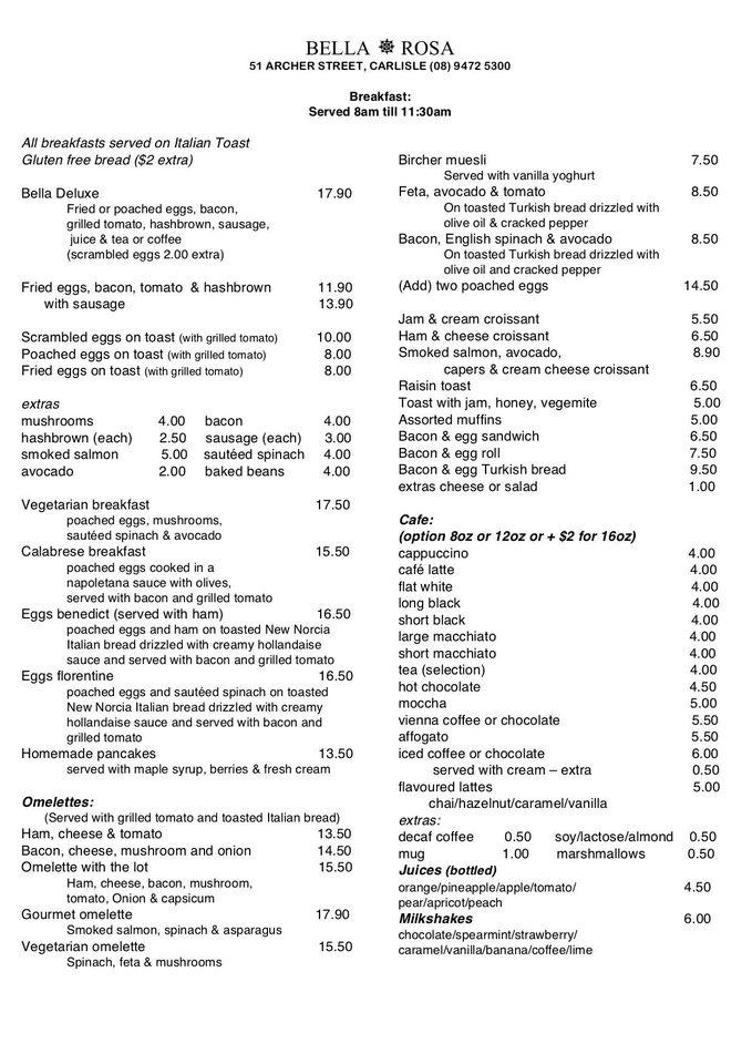 Menu at Cafe Bella Rosa, Carlisle