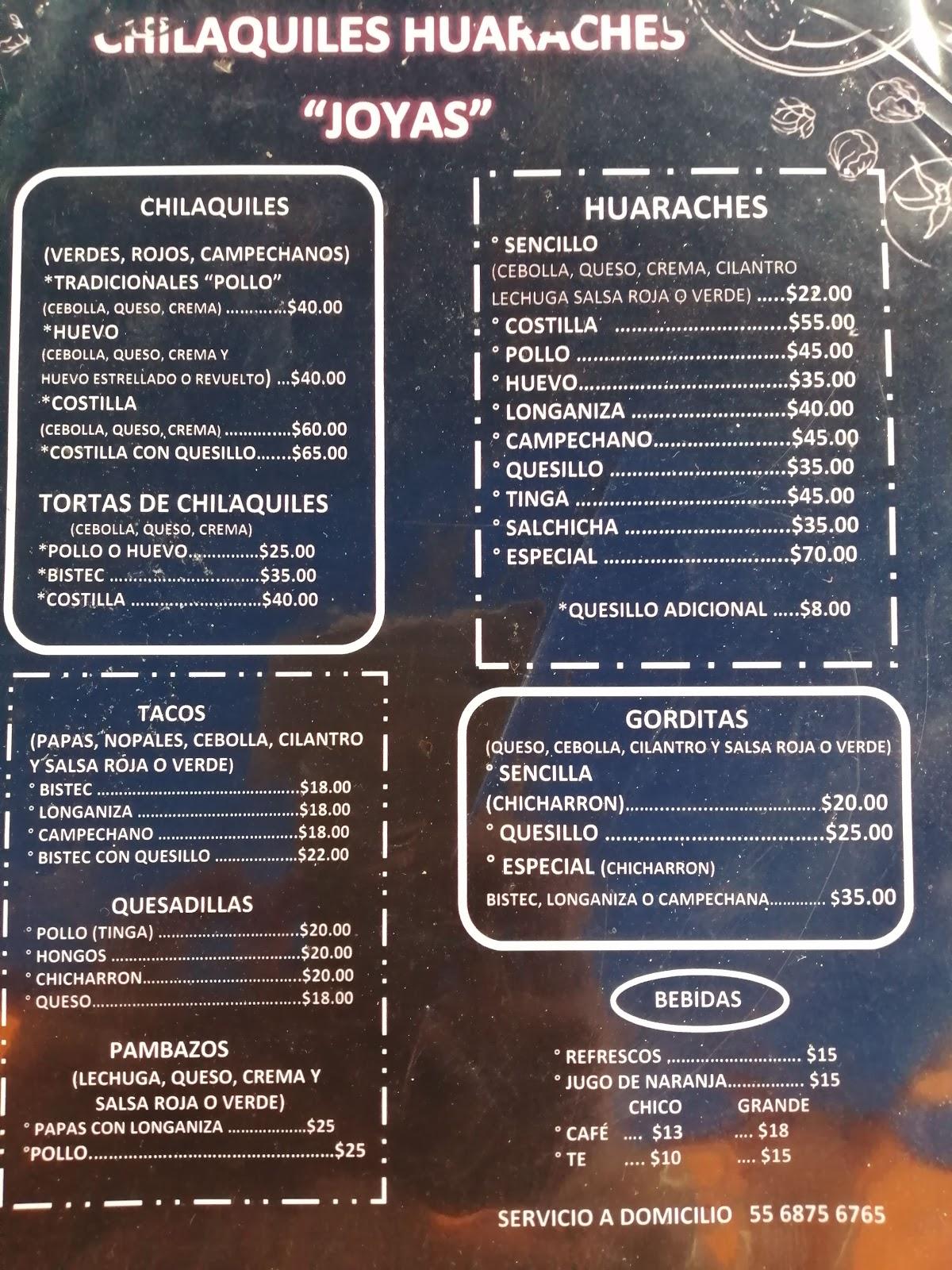 Menu at Chilaquiles y Huaraches Joyas restaurant, Cuautitlan